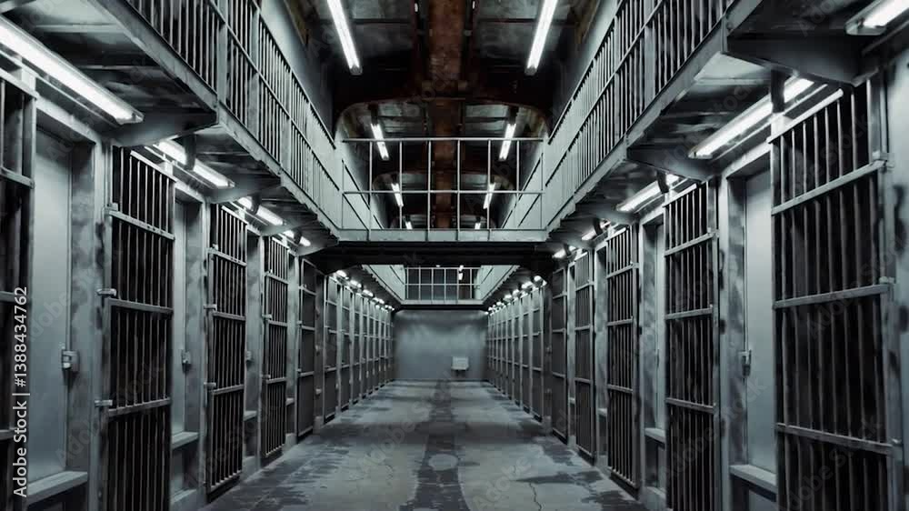 Wide 4K Cinematic Shot of Empty Symmetrical Prison Cell Block — Gritty ...