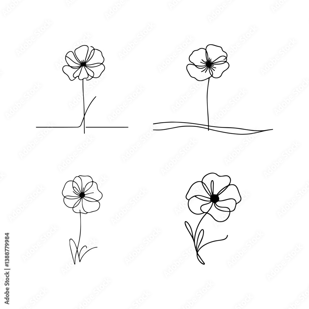 Poster Collection of Continuous Line Drawing Poppy Flowers – Wall Art ...
