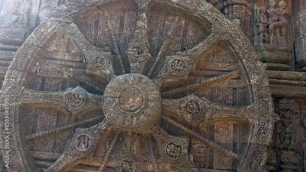 Konark sun Temple. Carvings on stone wheel in ancient Hindu Temple ...