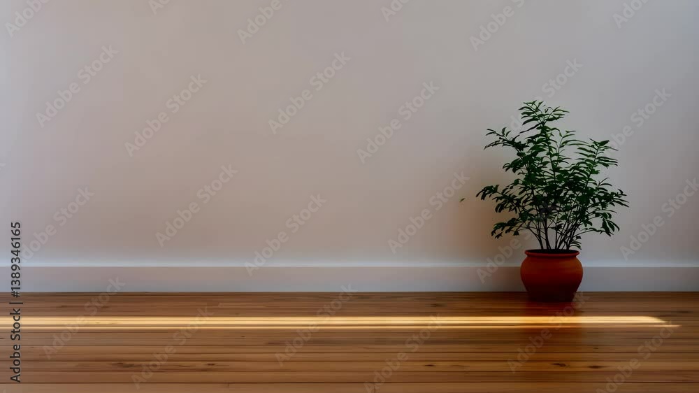 Minimalist empty room with a raised wooden floor and white wall. On the ...
