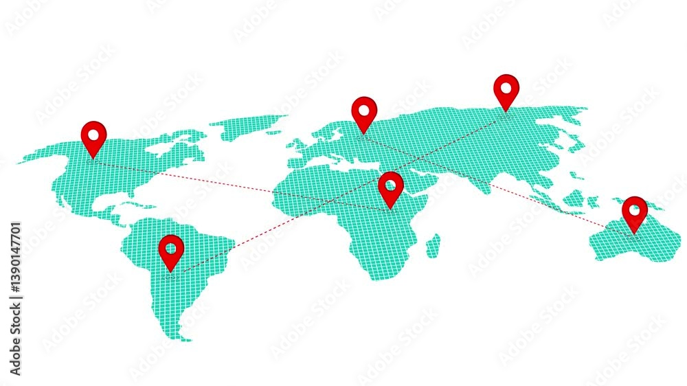 Animated map featuring interconnected location pins on global maps, symbolizing global network ...