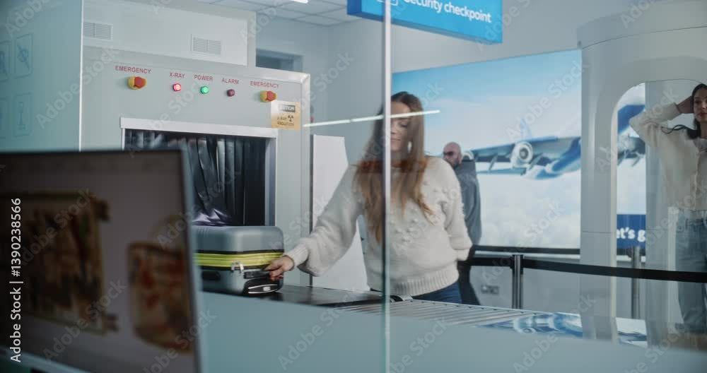 Airport Security Checkpoint: Diverse Passengers Taking Luggage After ...