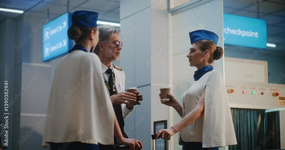 Airline Pilot and Two Beautiful Flight Attendants in Uniforms with ...