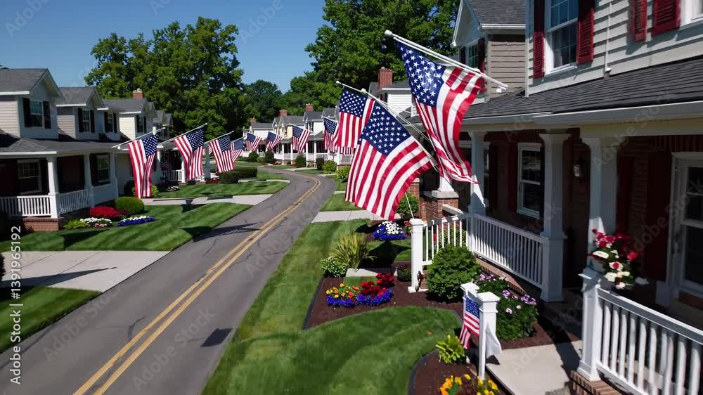 Neighborhood displays row of flags, celebrating unity. american flag ...
