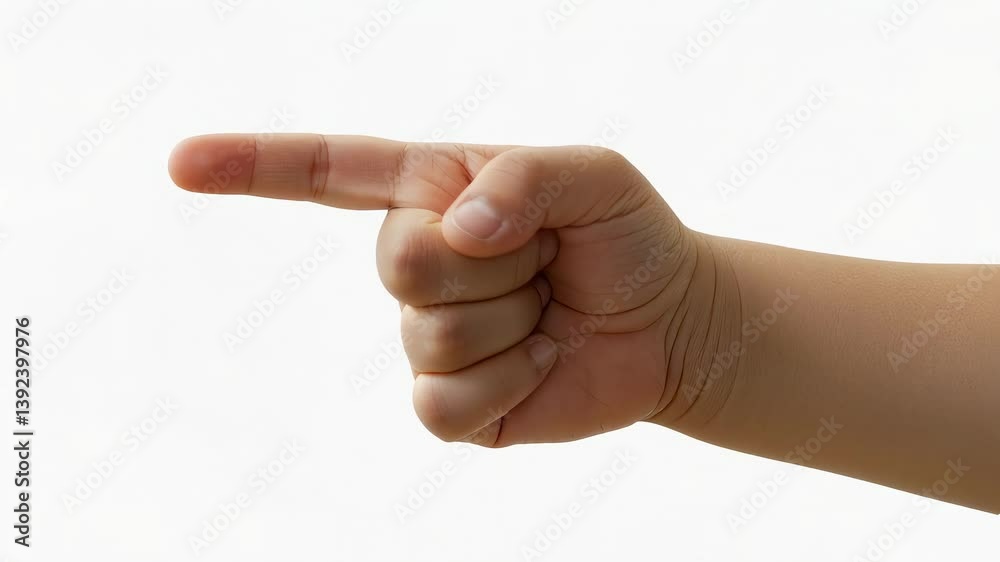 White background. Child's hand making hand sign with index finger ...