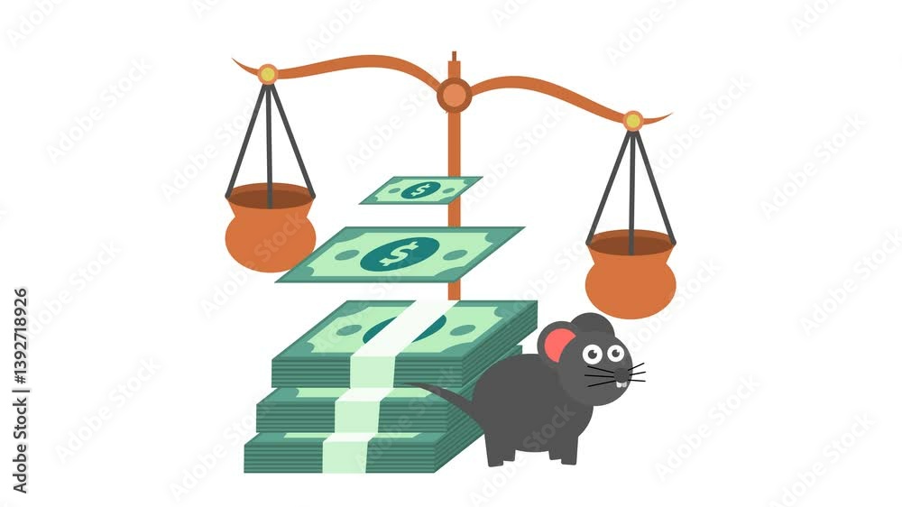The mouse character is bribing money with a scale in cartoon animation ...
