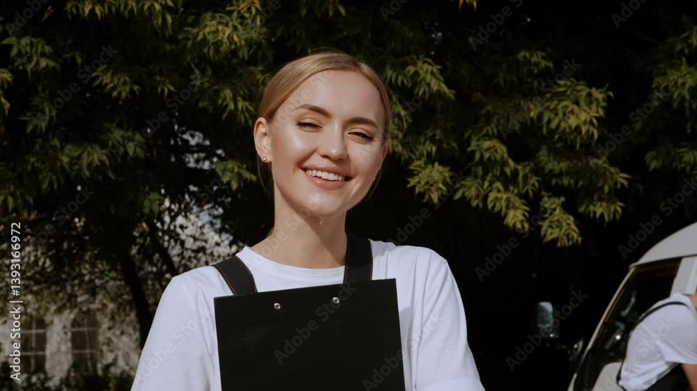 Delivery workers load van with boxes of vegetables and fruits, woman ...