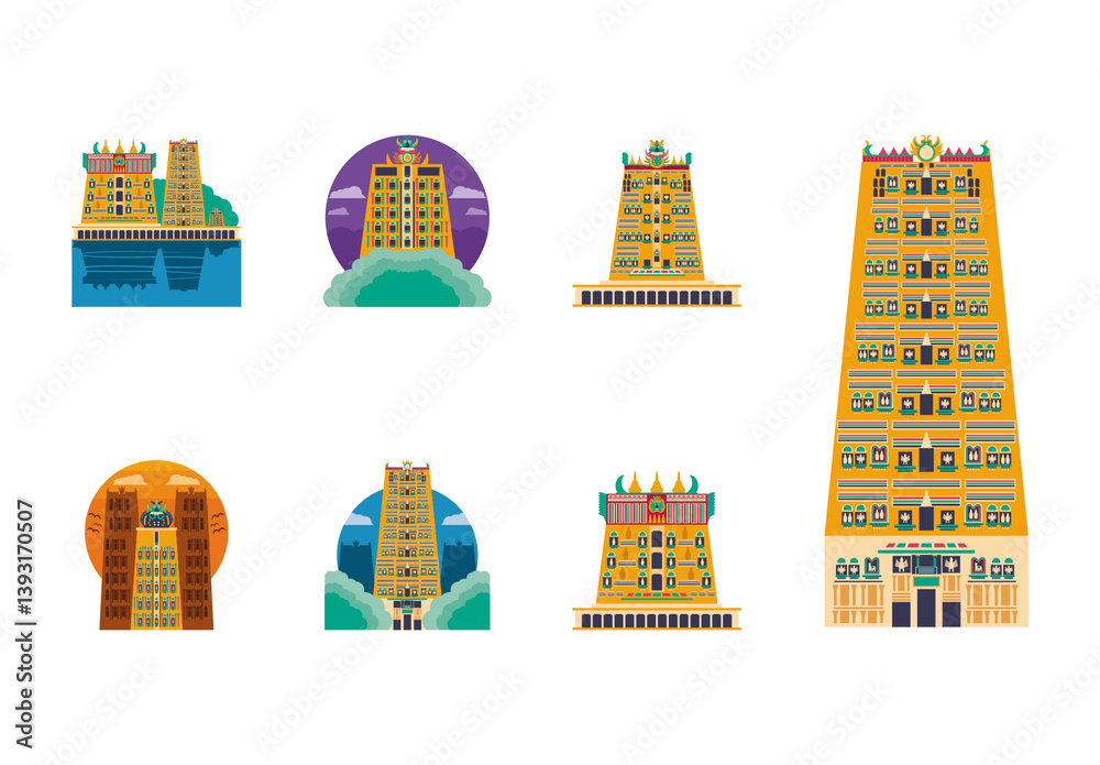 Vibrant Meenakshi Temple Landmark Vector Illustration Set Stock ...