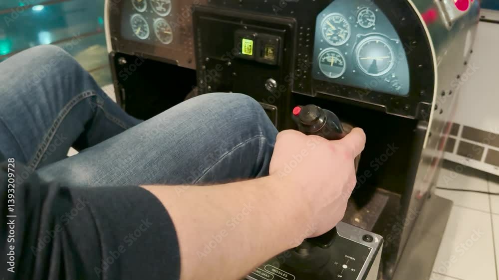 Cockpit in an arcade-style training simulator, joystick-based aircraft ...