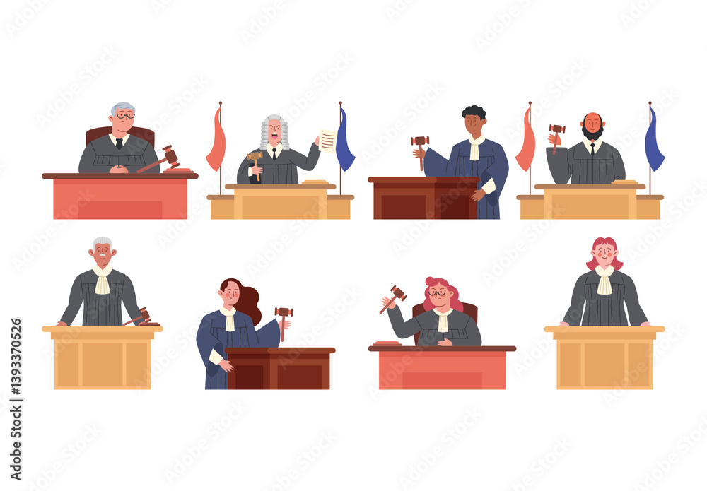 Colorful Elegant Judge Character Illustration Set Stock Template ...
