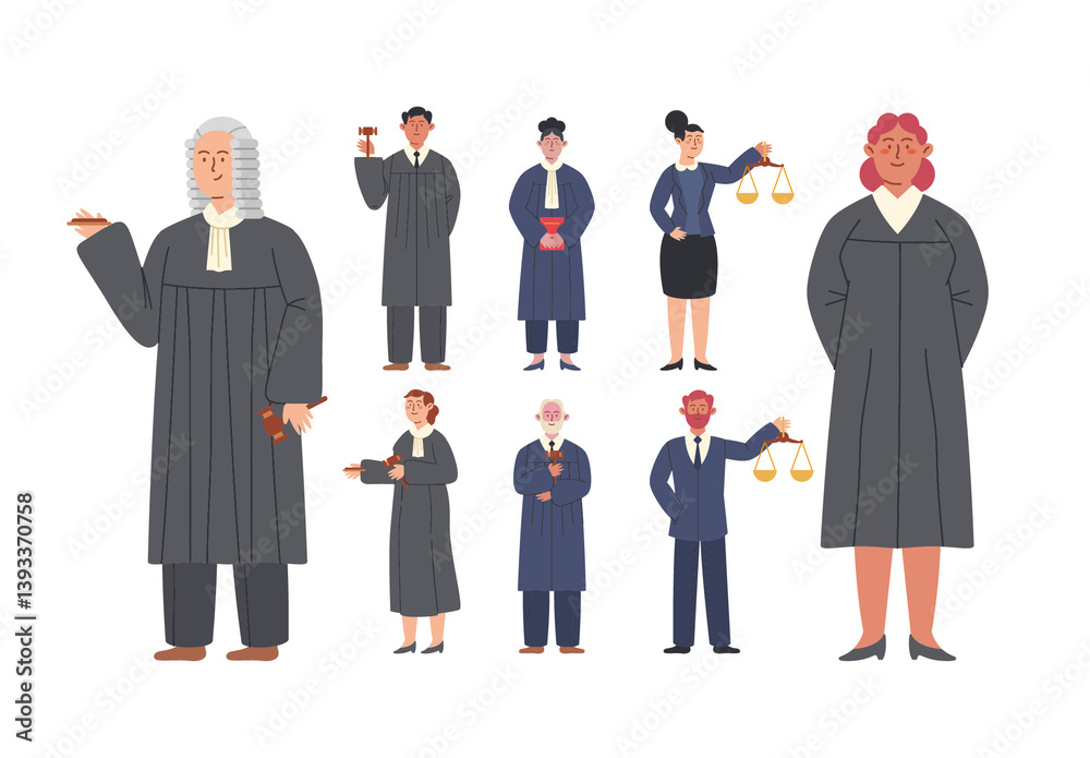 Colorful Traditional Courtroom Judge Character Illustration Set Stock ...