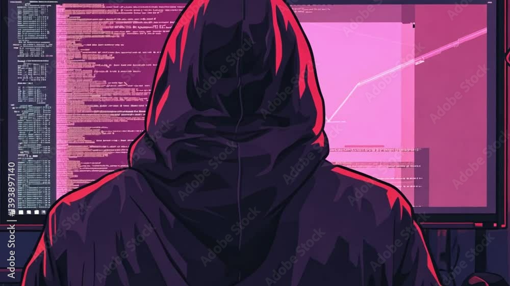 hacker at work in a computer center, hacker in front of laptop, cyber hacker steals personal ...