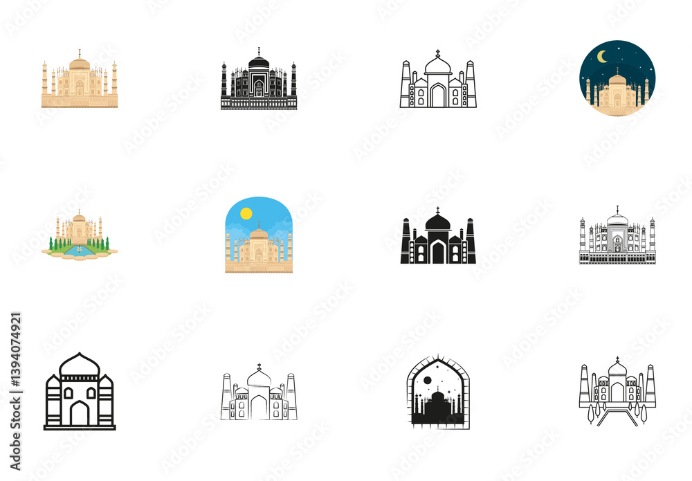 Colorful Taj Mahal Landmark Architecture Illustration Set Stock ...