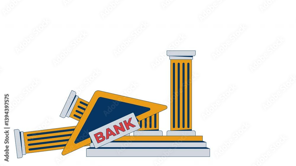 Collapsing bank structure with tilted sign, broken pillars 2D cartoon ...