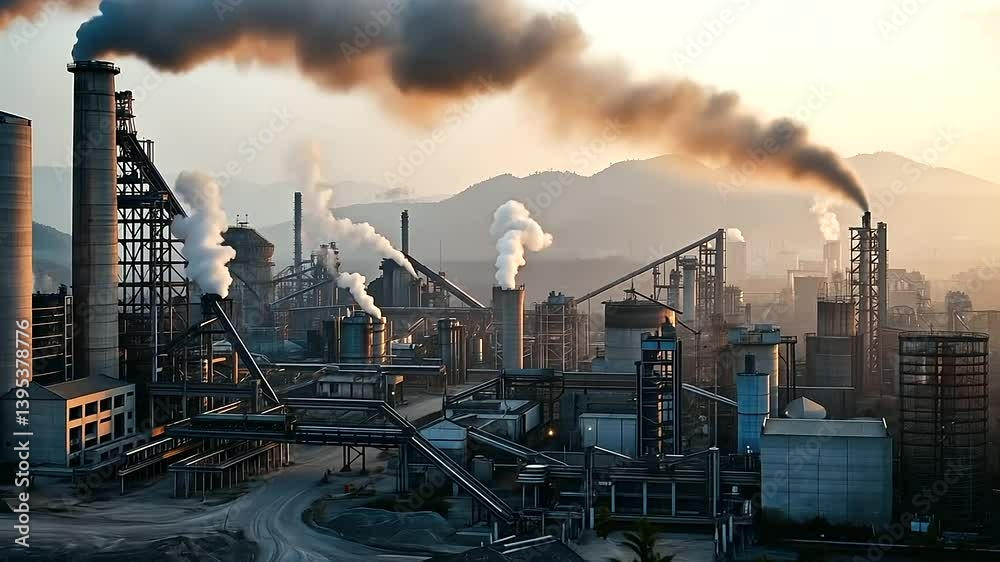 Wide-angle view of a sprawling cement factory complex with towering ...