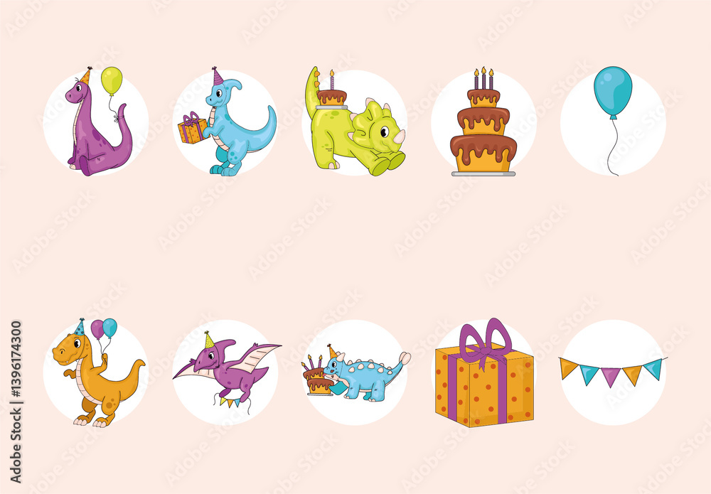 Cute Cartoon Dinosaurs Birthday Party Illustration Set Stock Template ...