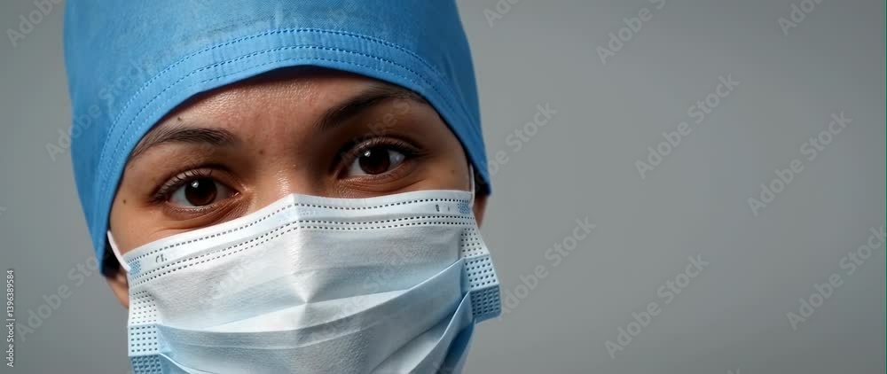 Anamorphic video of Closeup face and eyes woman doctor or nurse wearing ...