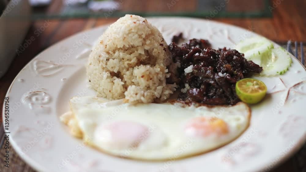 Filipino breakfast plate featuring garlic fried rice savory beef tapa ...
