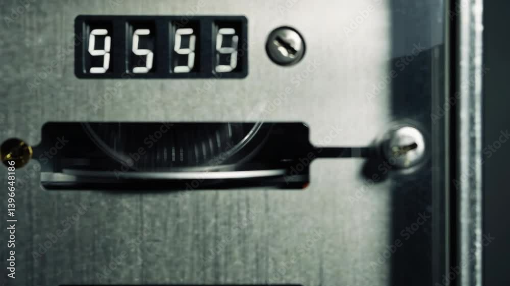 Close-up of a vintage mechanical electricity meter showing numbers ...