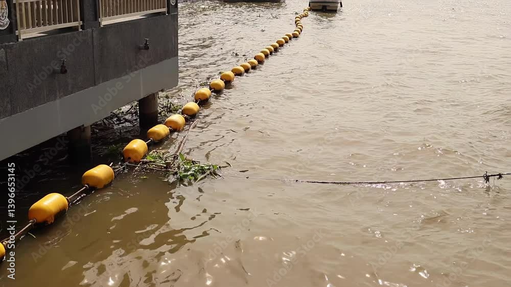 Line of bright yellow buoys floats on murky Chao Phraya river water ...
