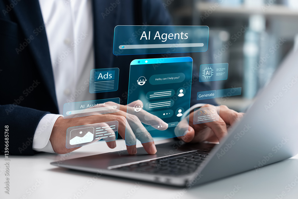Poster AI agents technology, Humans use AI in their work to help maximize efficiency, Machine ...