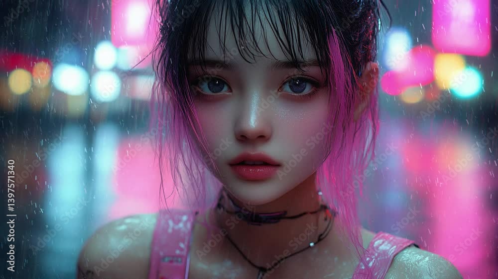 anime girl with luminous pastel hair and soft, cybernetic Synthwave ...