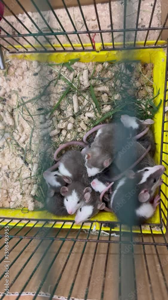 pet mice in a cage, offspring of rats in a cage, little baby mice with ...