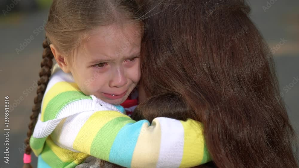 little child cries, tears child face, mother calms capricious kid girl ...