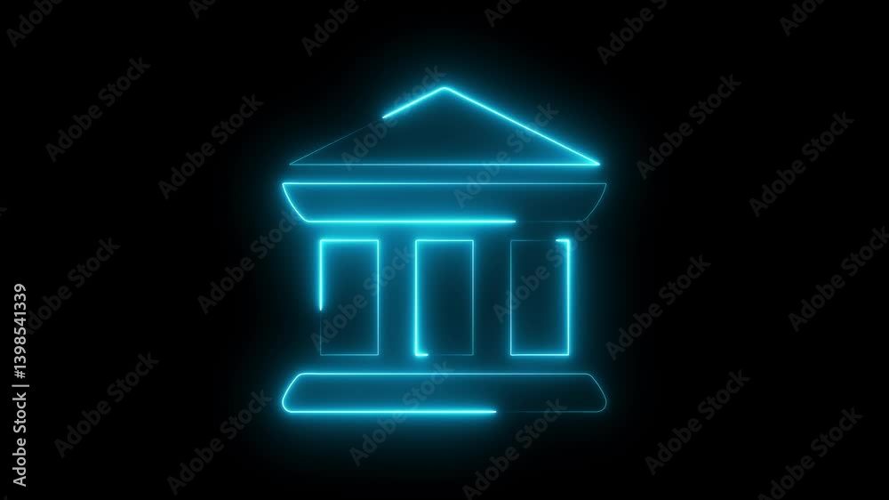 Bank icon animation by blue neon on black background. Neon glowing bank ...