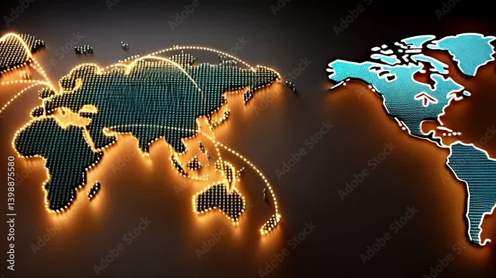 Isometric world map with animated cargo routes connecting continents ...