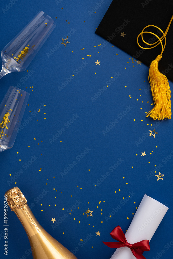 Poster Festive vertical setup featuring a graduation cap, champagne ...