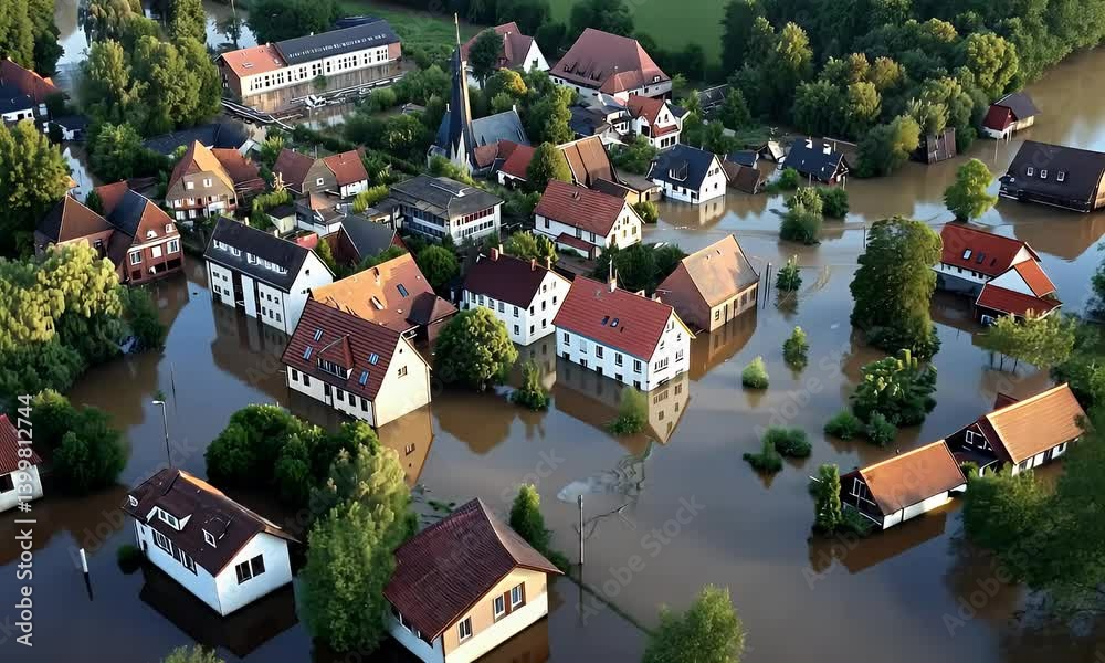 Aerial view of flooded residential area with brown water submerging ...