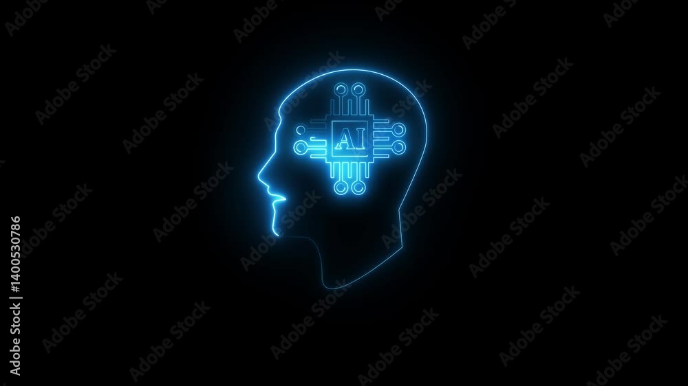 Animation of neon AI chip implant in human brain on black background ...