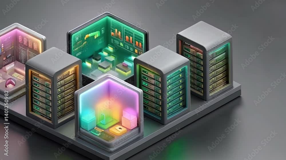 Isometric animation of a server room with animated firewall walls ...