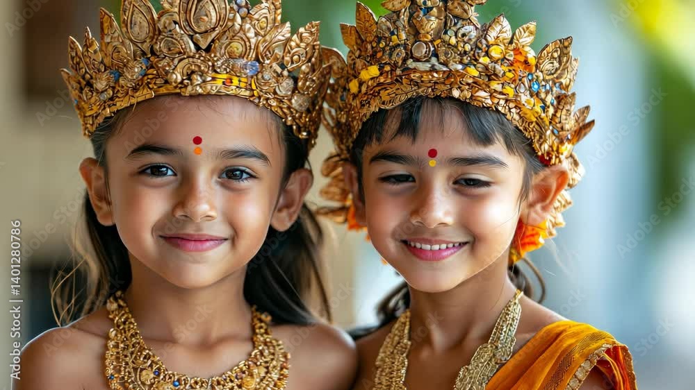 Two children smile in golden crowns and jewelry, portraying Lord Rama ...