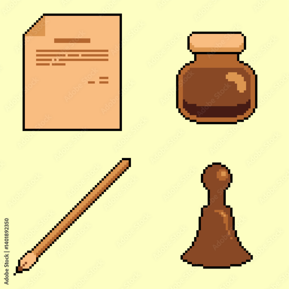 Poster Vintage Brown Stationery, Pixel Art Style Icon Set – Wall Art ...