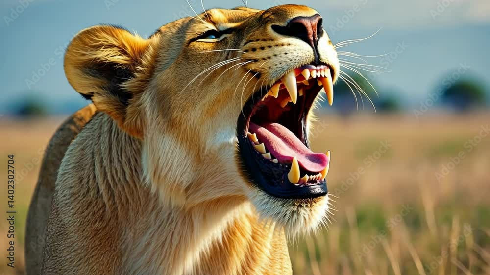 Roaring lioness in tall dry grass, head shot with open mouth showing ...