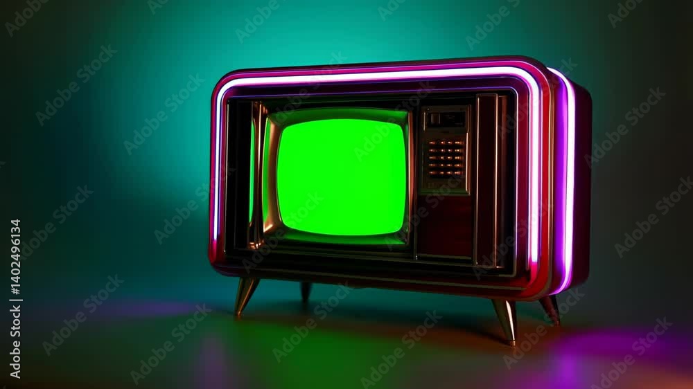 Vintage television set displays green screen illumination in dark room ...