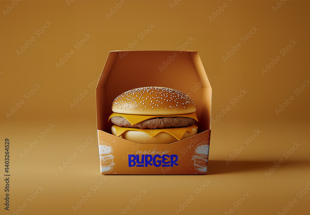 Burger Box Mockup – Realistic Cheeseburger Packaging in Open Cardboard ...