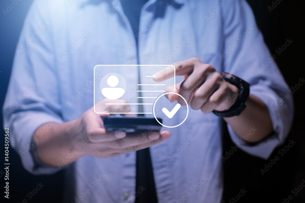 Plagát human hand holding digital identification card, with Checkmark ...