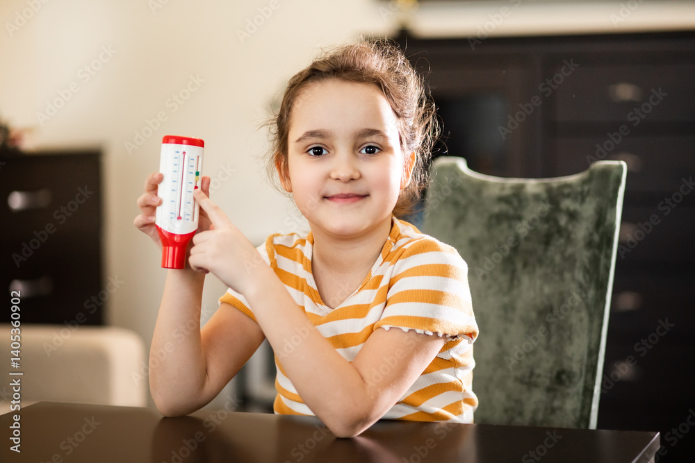 Poster Cute little girl monitoring peak expiratory with peak flow meter ...
