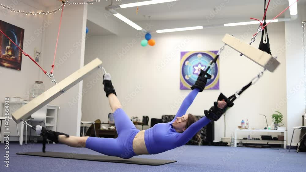 She stretches her entire body using resistance ropes attached to arms ...