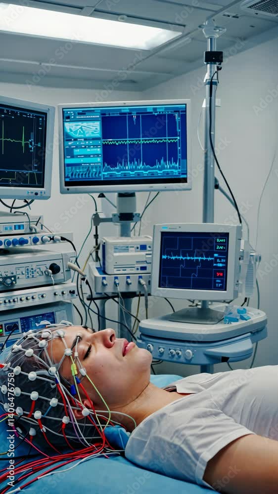 Patient Receives Electroencephalography Test with EEG Cap and Wires in ...