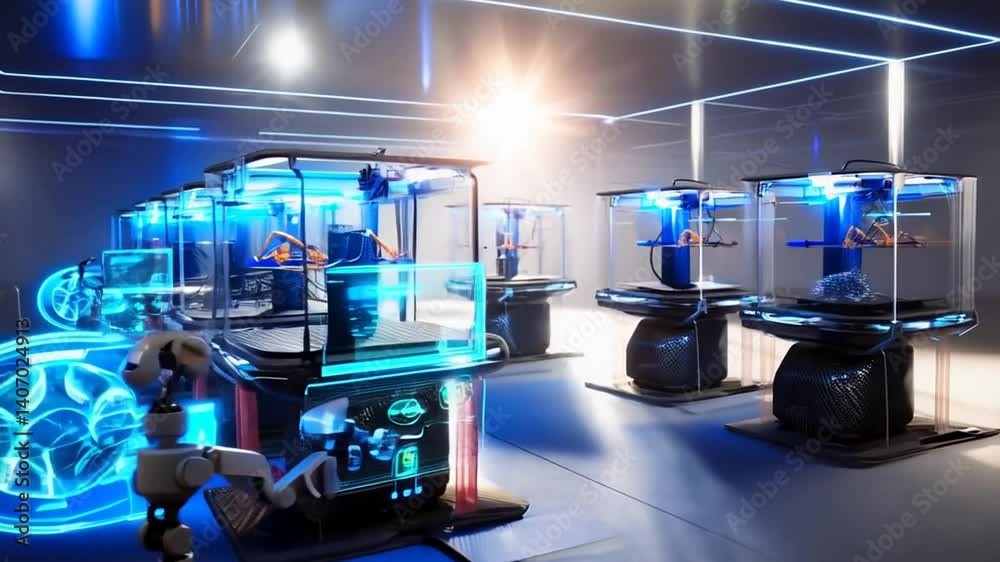 Futuristic Robotics Lab: A futuristic robotics laboratory showcasing advanced robotic technology ...