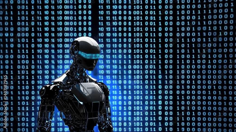 AI robot standing in front of a blue digital binary code background ...