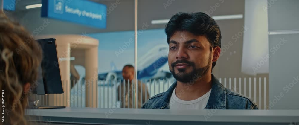 Airport Check-in Counter: Indian Man Giving Documents and Airplane ...