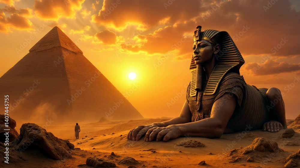 Dramatic sunset over Egyptian desert landscape with ancient pyramid and ...