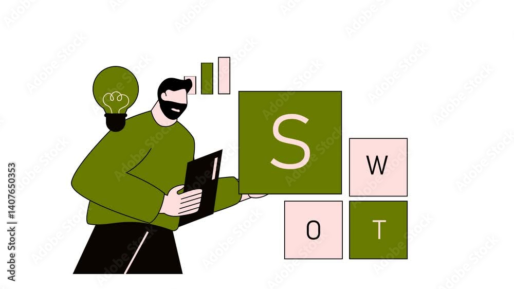 2d animation SWOT analysis concept, businessman strategy analyzing with ...