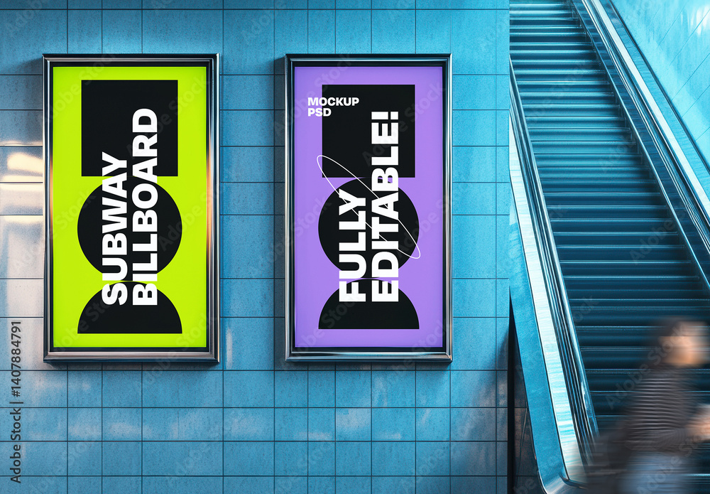 Subway Billboard Mockup Pair on Tiled Underground Wall Stock Template ...