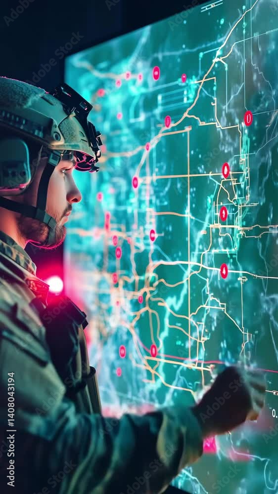 Military personnel interact with an interactive touchscreen map while ...